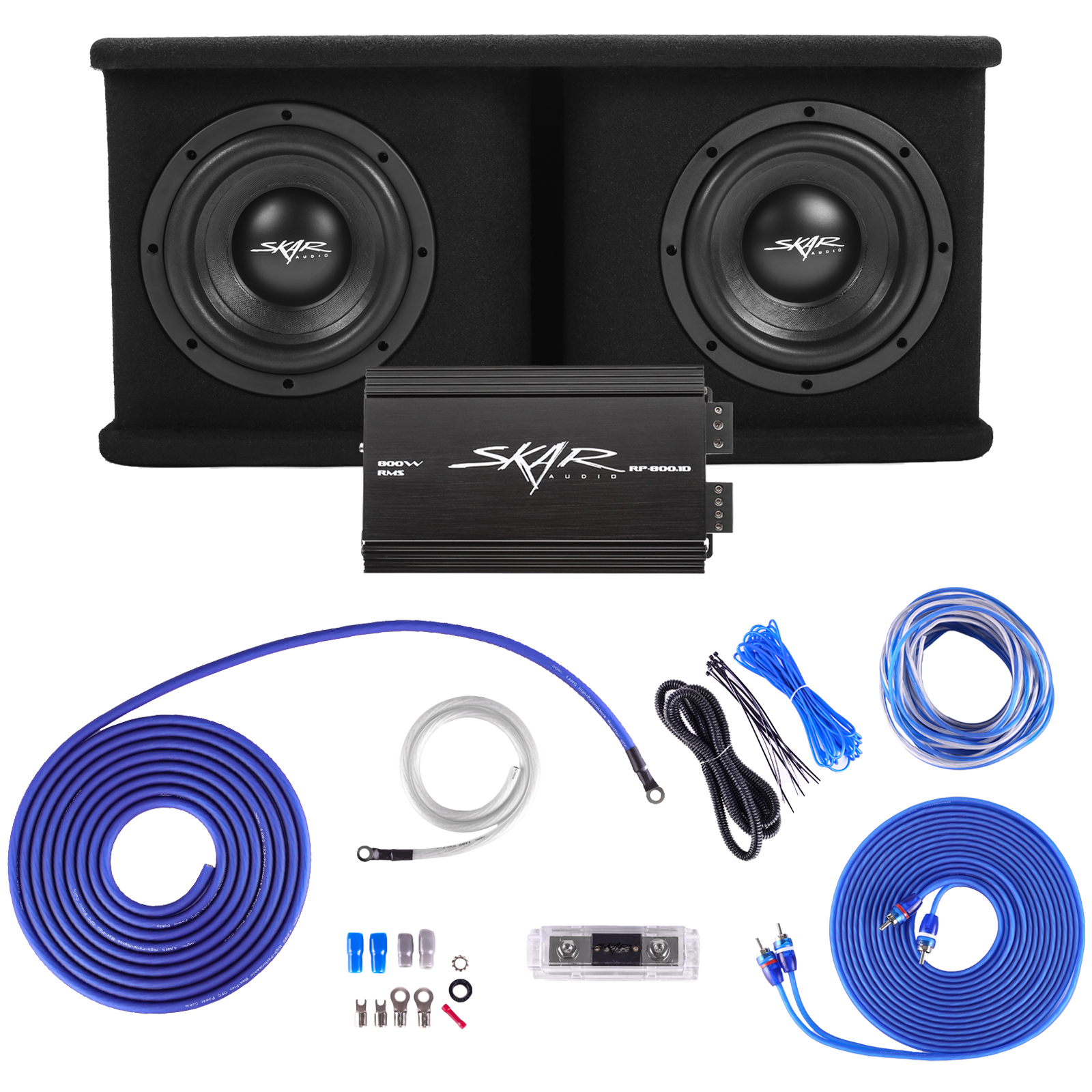 SKAR AUDIO DUAL 8" 1400W SDR SERIES BASS PKG W/ LOADED SUB BOX - AMP ...